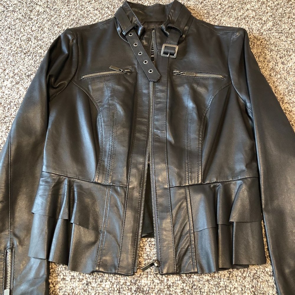 Ruffle Trim Short Leather Jacket - Gem